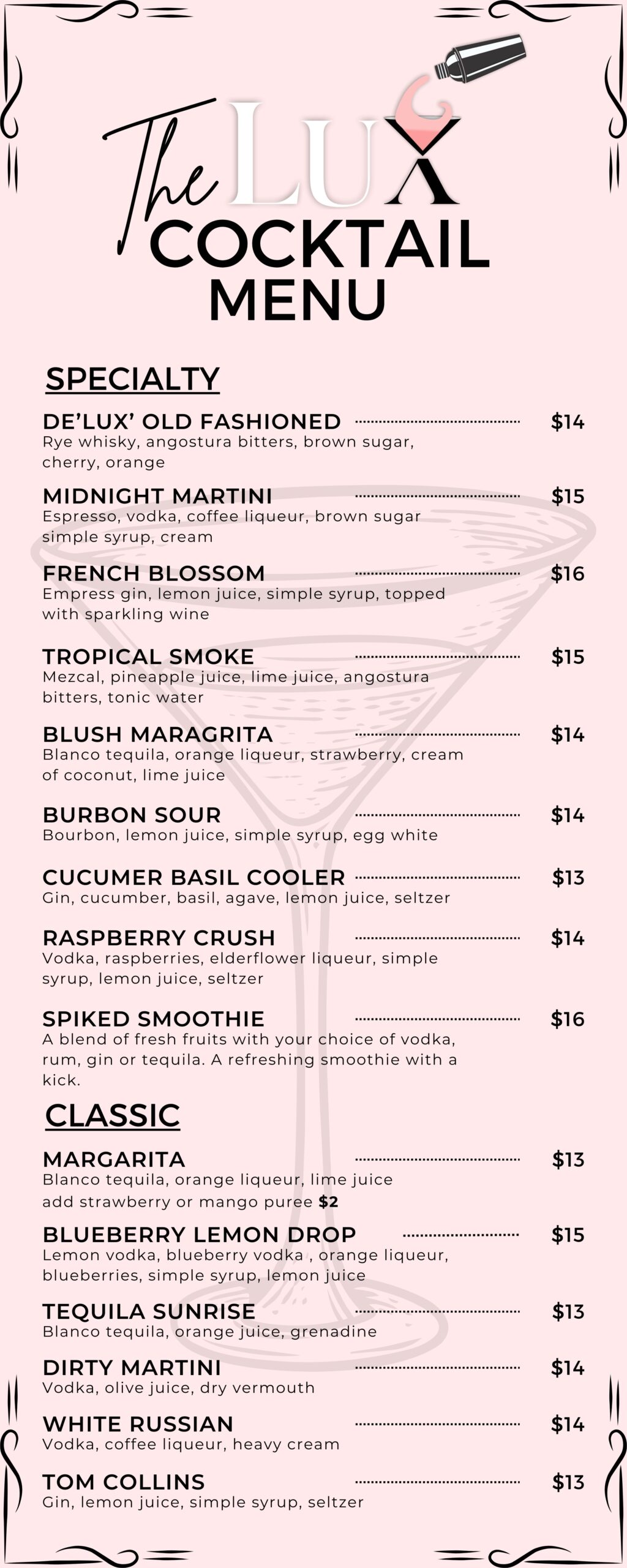 Cocktail Menu - Lux Plates & Pours